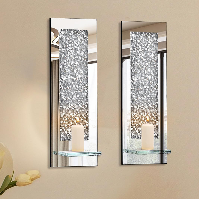 Mercer41 Crystal Crush Diamond Wall Candle Holder Set Of 2 Rectangle Silver Mirrored Candle Sconces Home Wall Decoration For Living Room Dining Room Bedroom Wayfair
